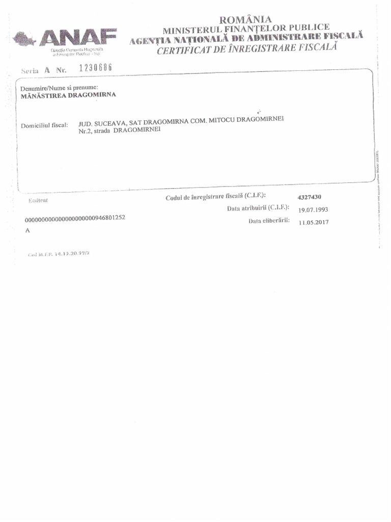 Codul Fiscal Al Unitatii | PDF