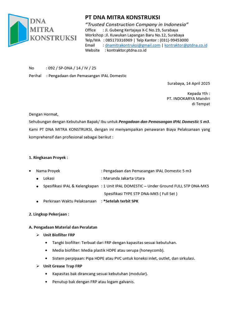 Surat Penawaran Pengadaan Dan Pemasangan Ipal | PDF