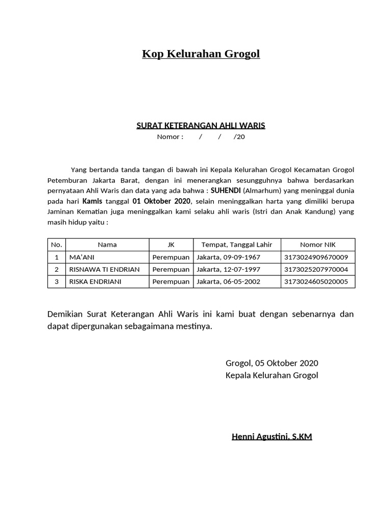 Surat Keterangan Almarhum Suhendi | PDF