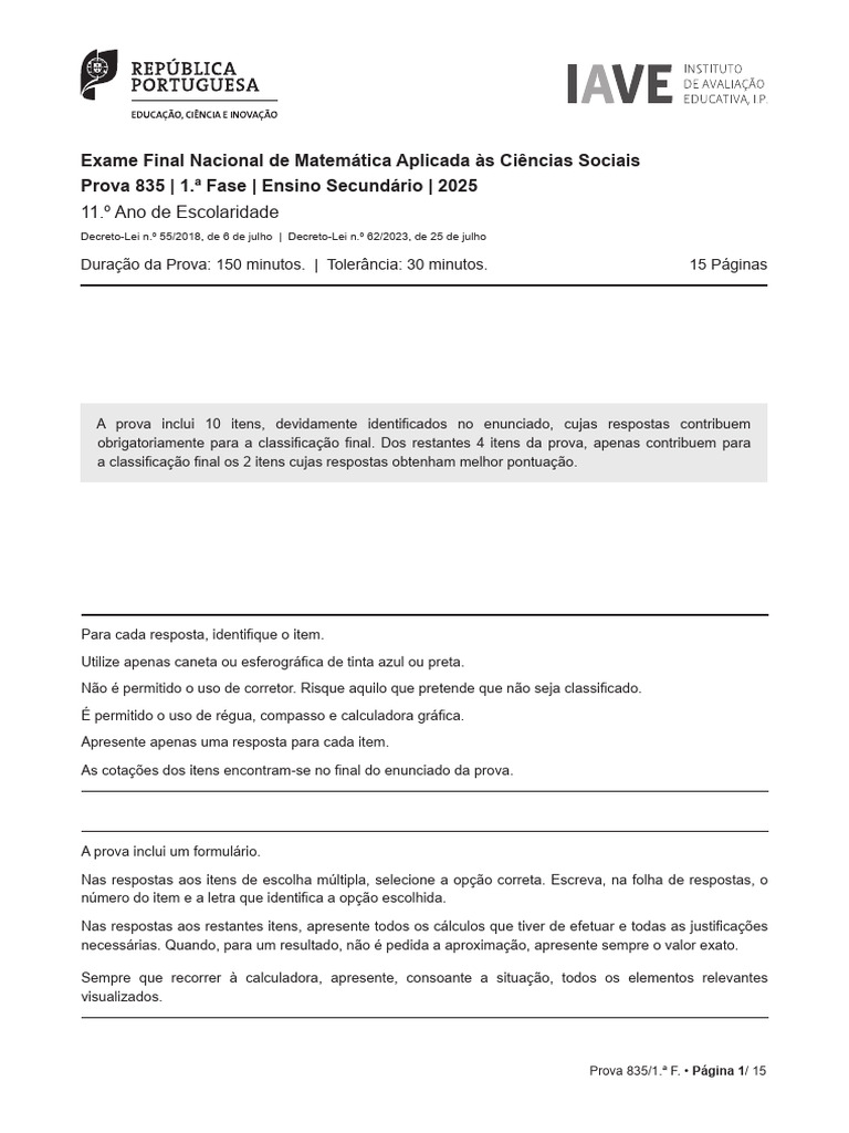 Exame Final Nacional de Matemática Aplicada Às Ciências Sociais - Prova 835 | PDF | Teoria dos ...