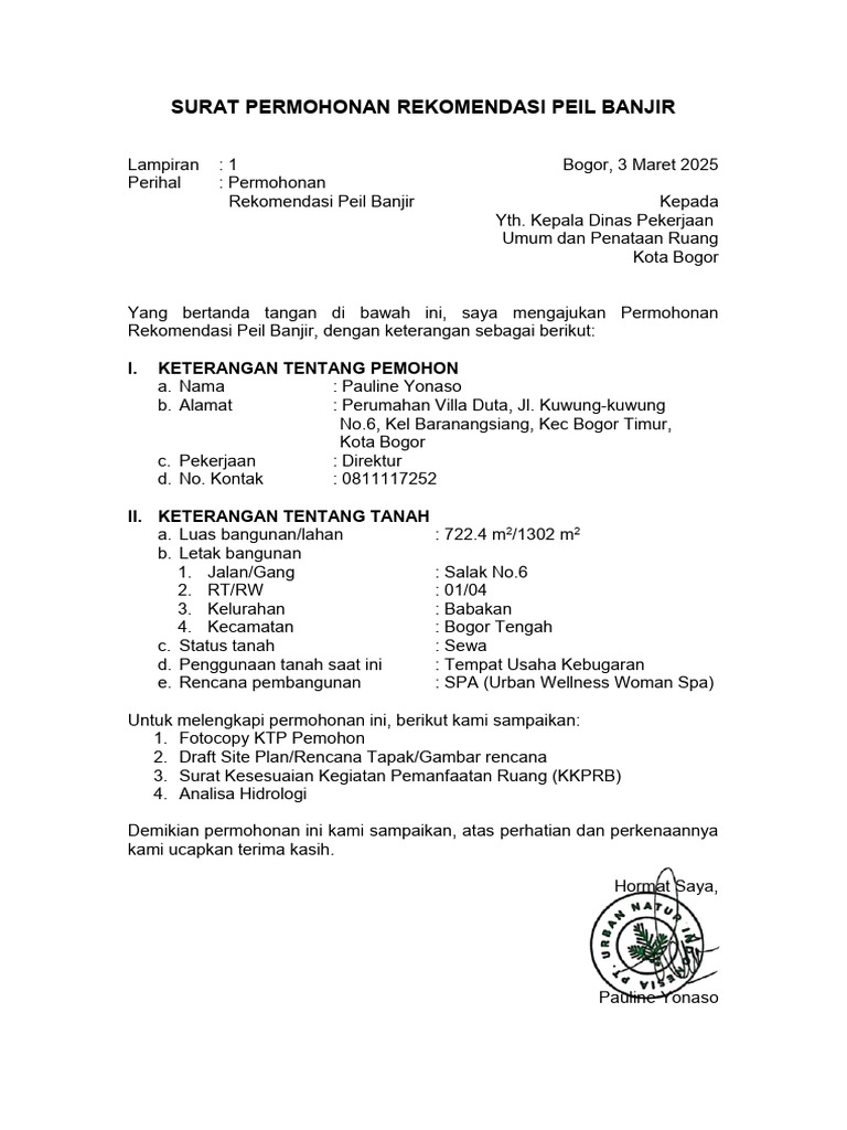 Surat Permohonan Rekomendasi Peil Banjir | PDF