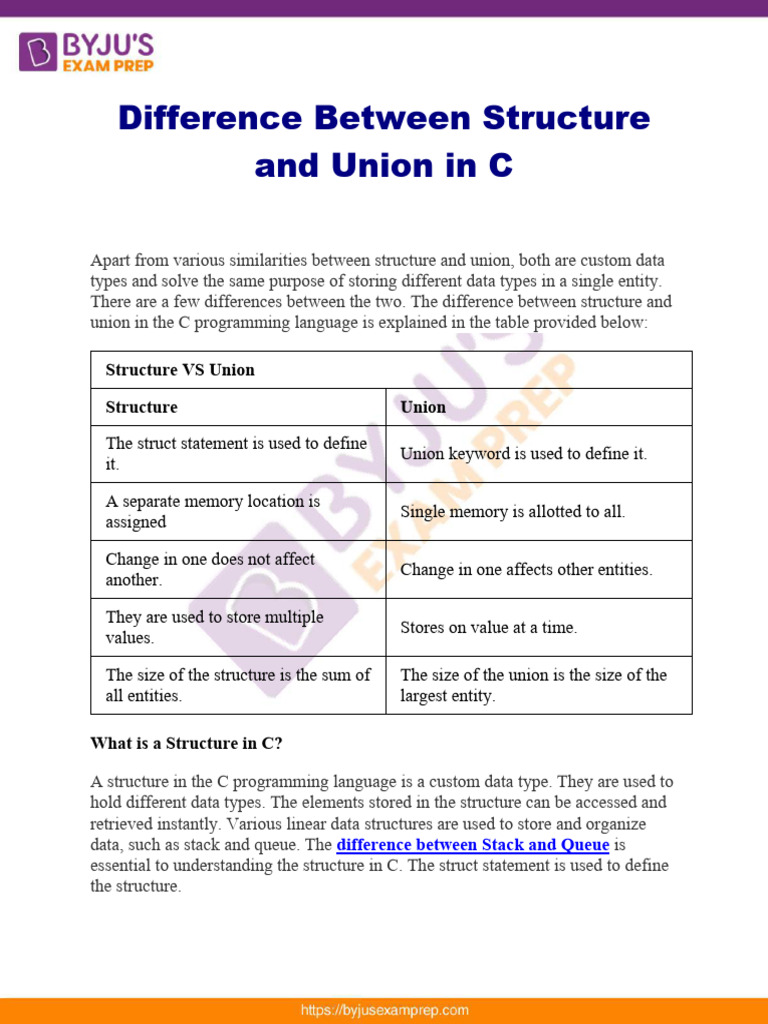 Difference Between Structure and Union in C 60 | PDF | Parameter (Computer Programming) | C ...