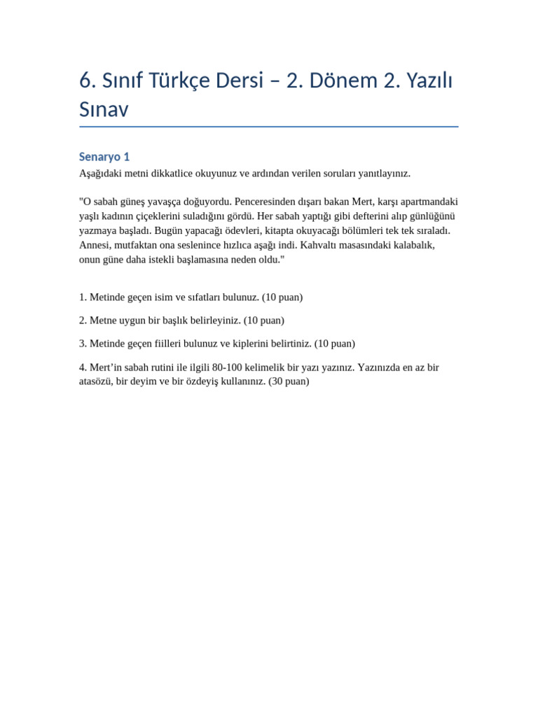 Turkce 6 Sinav Senaryo 1 3 Uzun | PDF