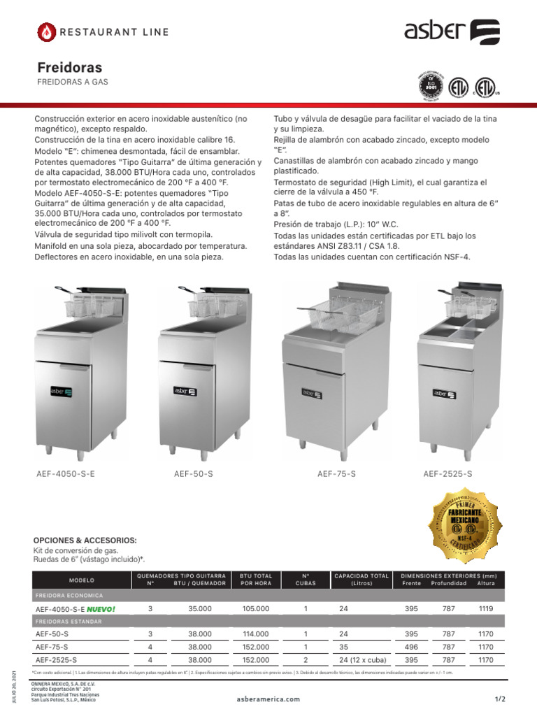 Ficha Tecnica Freidoras Asber AEF-4050-S-E | PDF