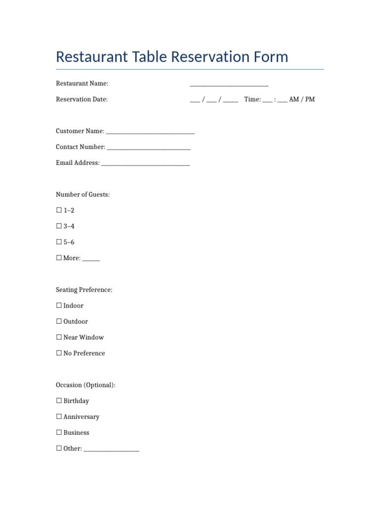 Restaurant Table Reservation Form | PDF