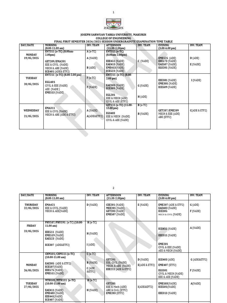 College of Engineering First Semester FINAL 2024-2025 Examination Time ...