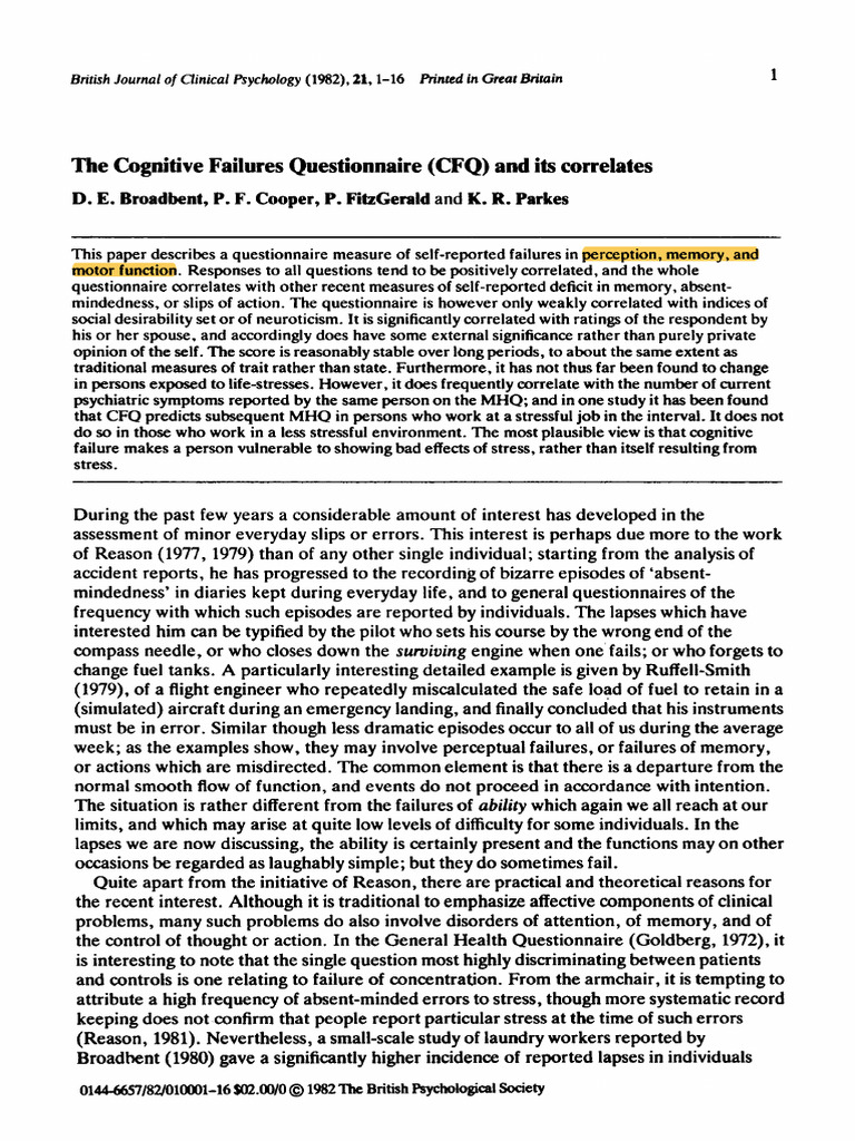 1982 - Broadbent - The Cognitive Failures Questionnaire CFQ and Its ...