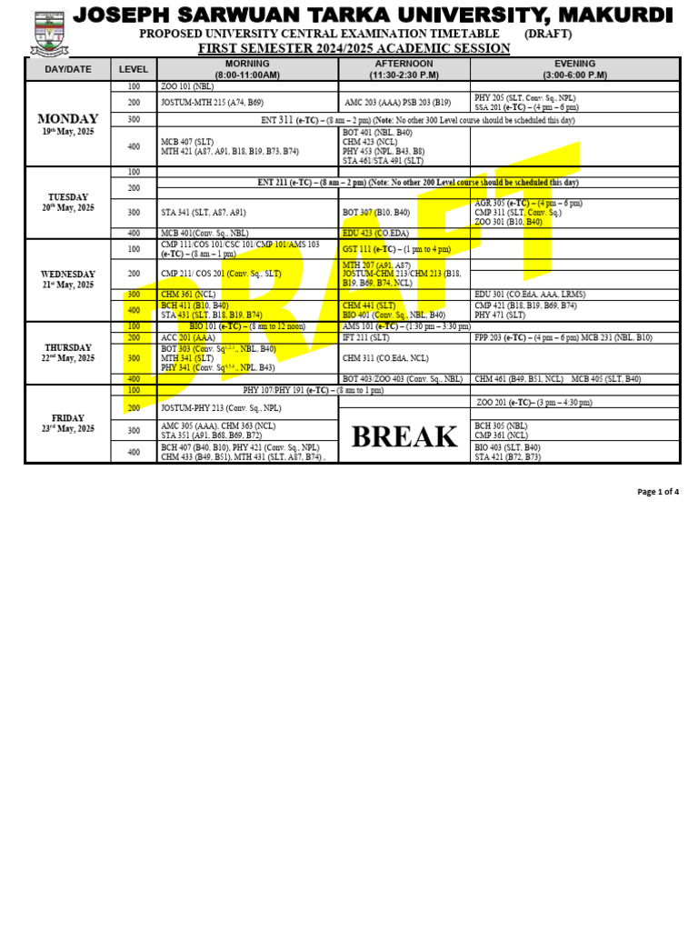 Exam Time Table 1st Sem. 2024-2025 (Draft) | PDF | Academic ...