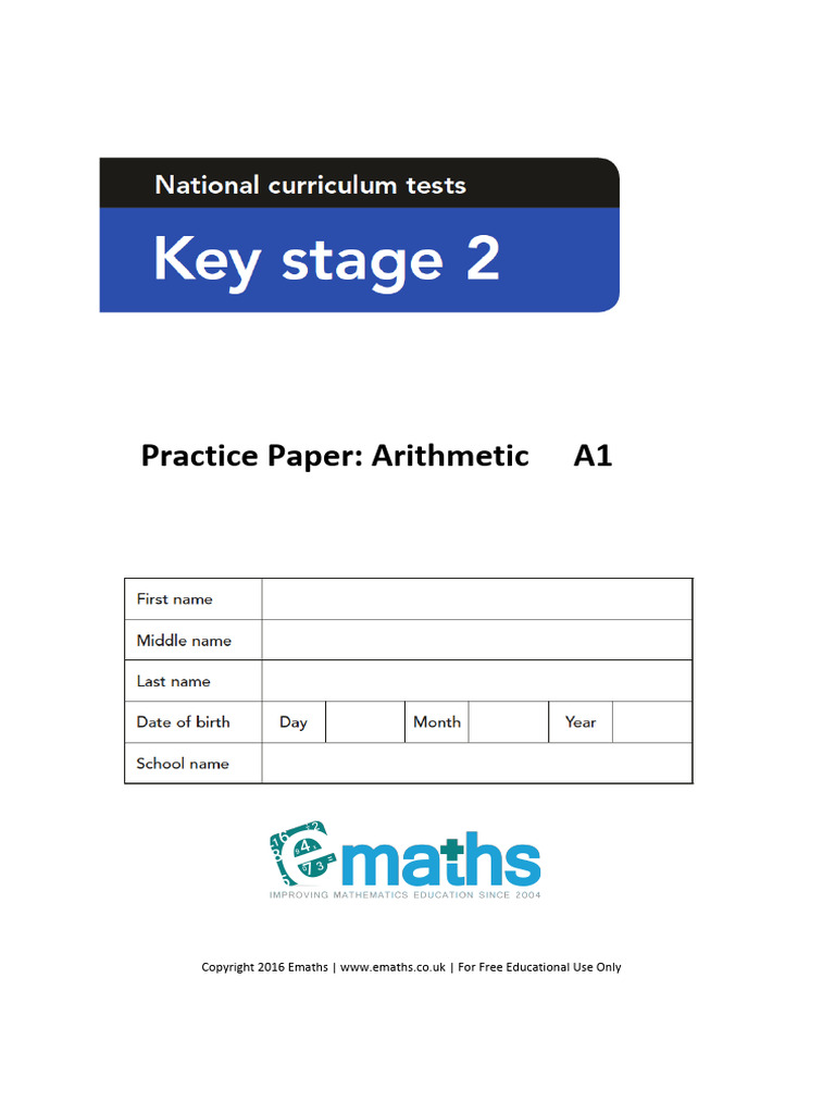 Key Stage 2 Arithmetic 2016 Practice Paper A1 | PDF | Educational ...