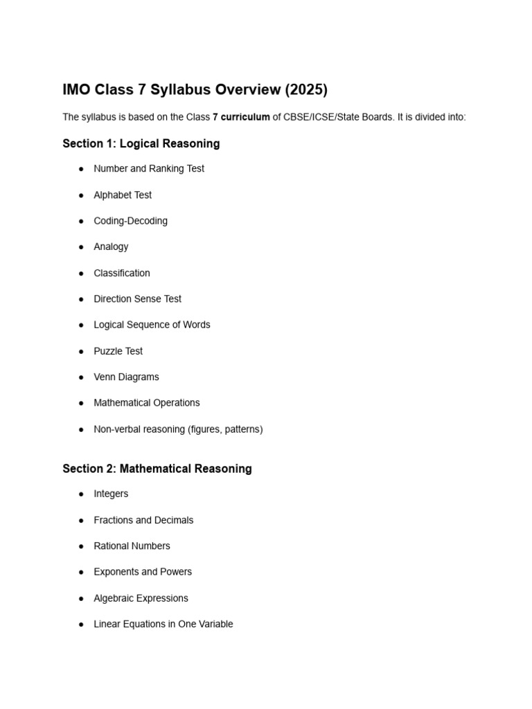 IMO Class 7 Syllabus Overview (2025) | PDF