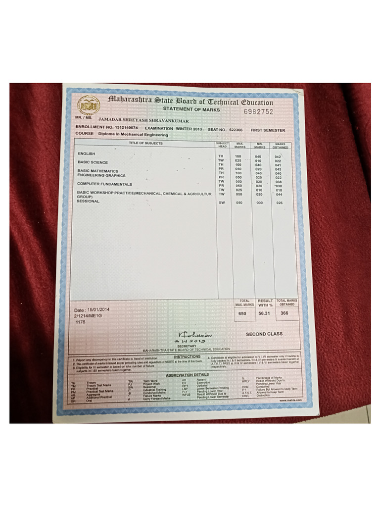 1st Semester Diploma Marksheet | PDF