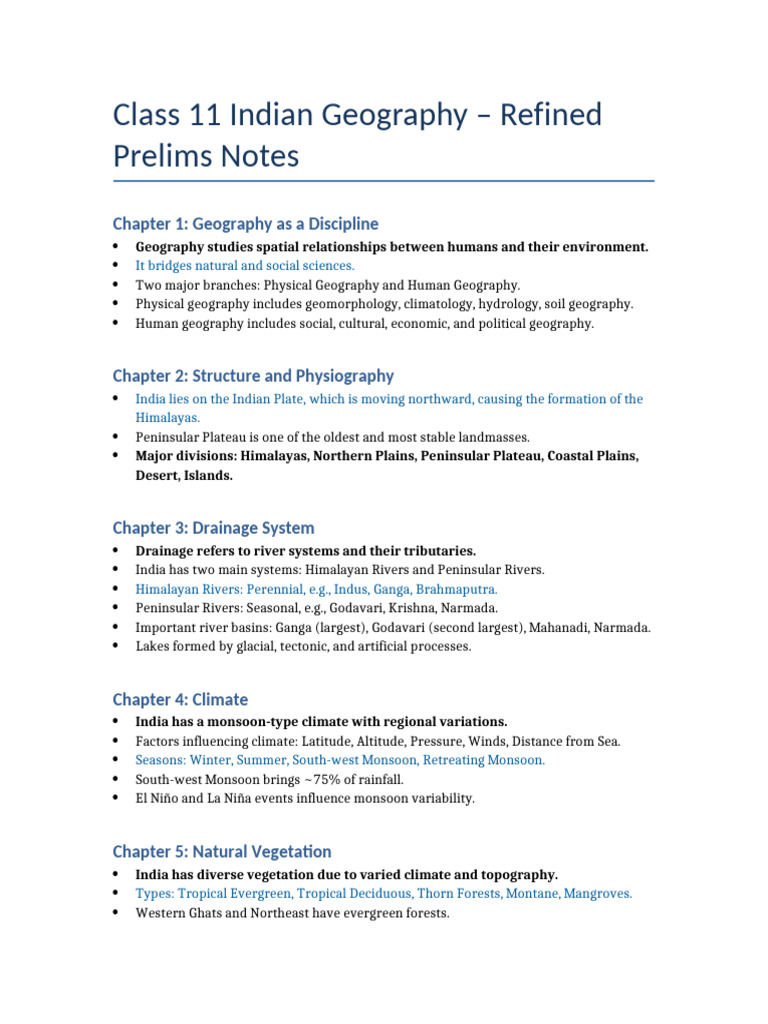 Refined Prelims Notes Class11 Indian Geography | PDF | Himalayas | Monsoon