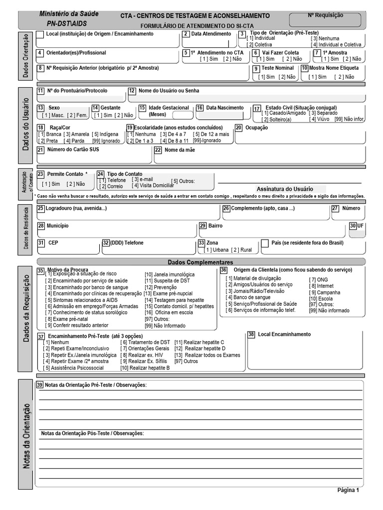 Formulário de Atendimento SI-CTA | PDF | Preservativo (camisinha) | HIV ...