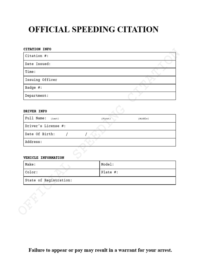 Official Speeding Citation Template | PDF