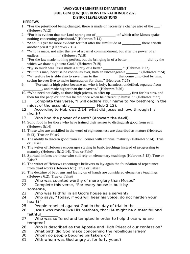 Pathfinder Bible Quiz: Esther & Hebrews | PDF | Esther | Religious ...