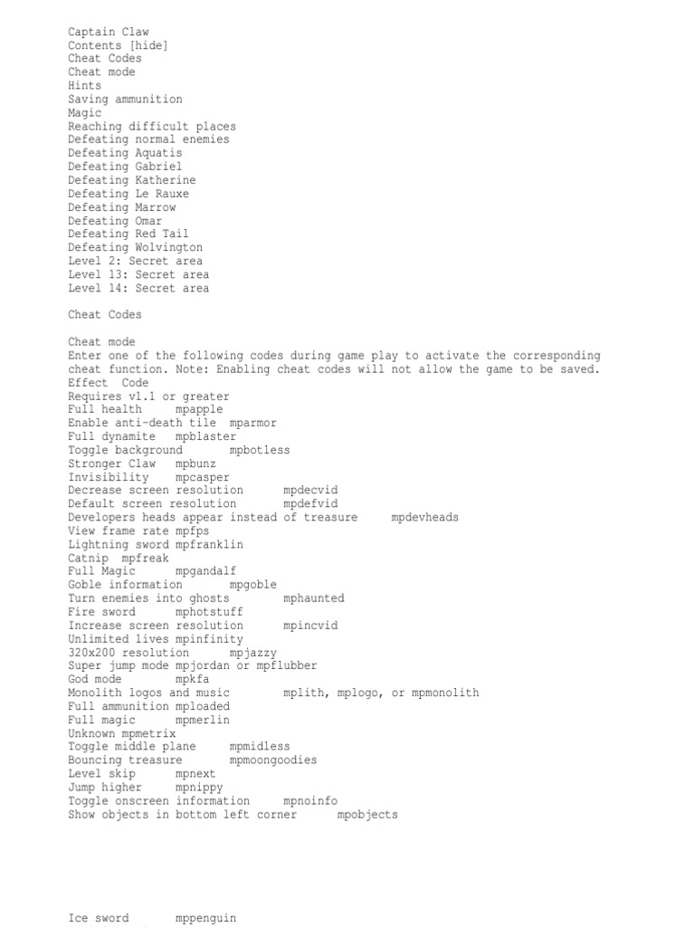 Claw Cheat Codes | PDF | Cheating In Video Games | Shield
