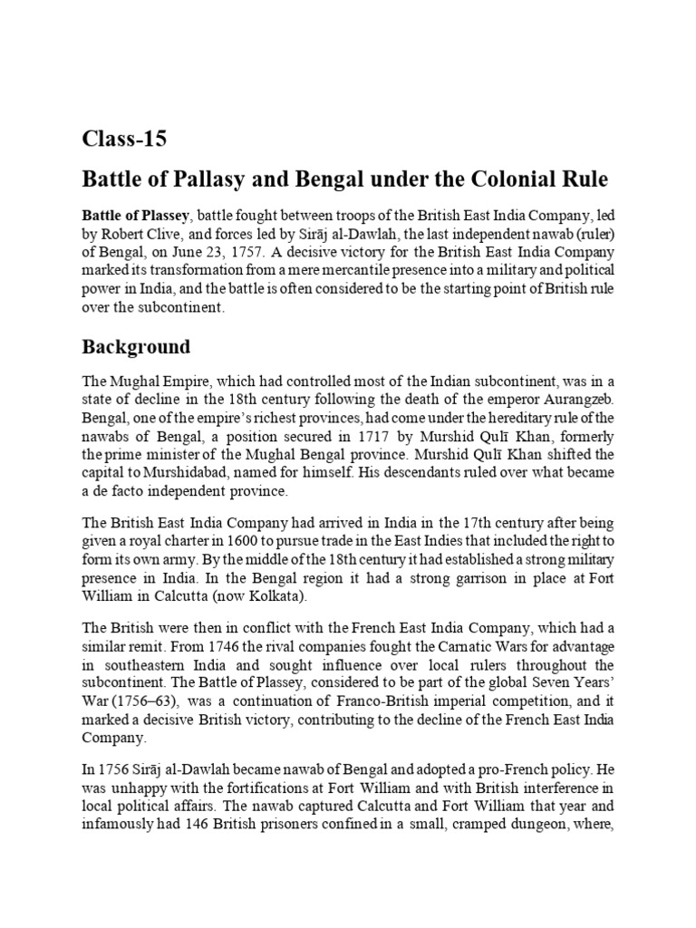 Lec-15 - Battle of Pallasy and Bengal Under The Colonial Rule | PDF | 2nd Millennium Conflicts ...