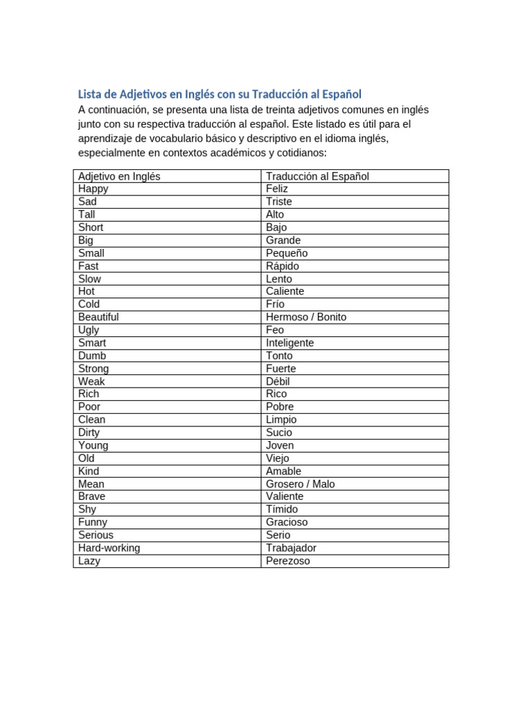 Adjetivos en Inglés y Español | PDF