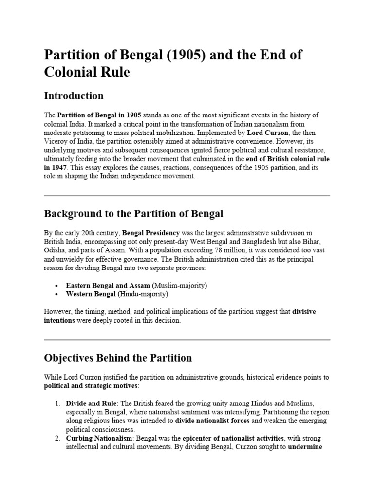 Lec-18 - Partition of Bengal (1905) and The End of Colonial Rule | PDF ...