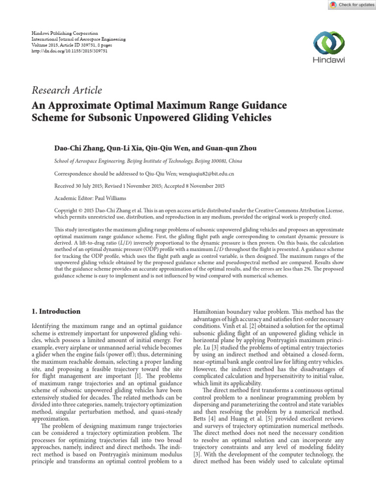 An Approximate Optimal Maximum Range Guidance Scheme For Subsonic Unpowered Gliding Vehicles ...