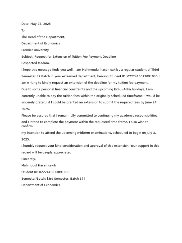 Tuition Fee Extension Request Letter | PDF