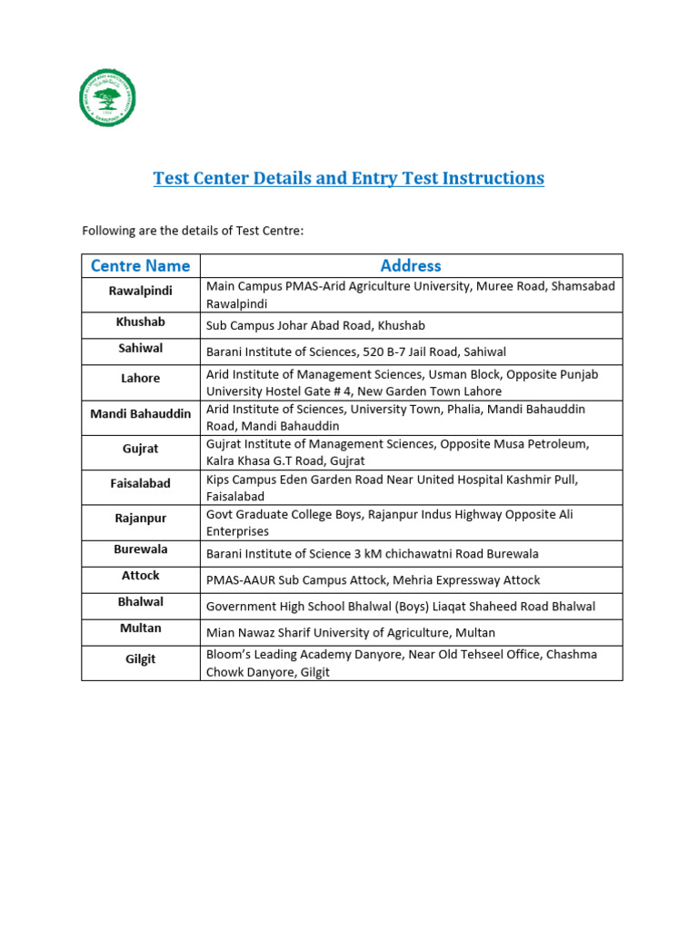 Test Center Details and Entry Test Instructions | PDF