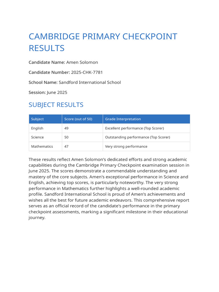 Cambridge Primary Checkpoint Results 2025 | PDF