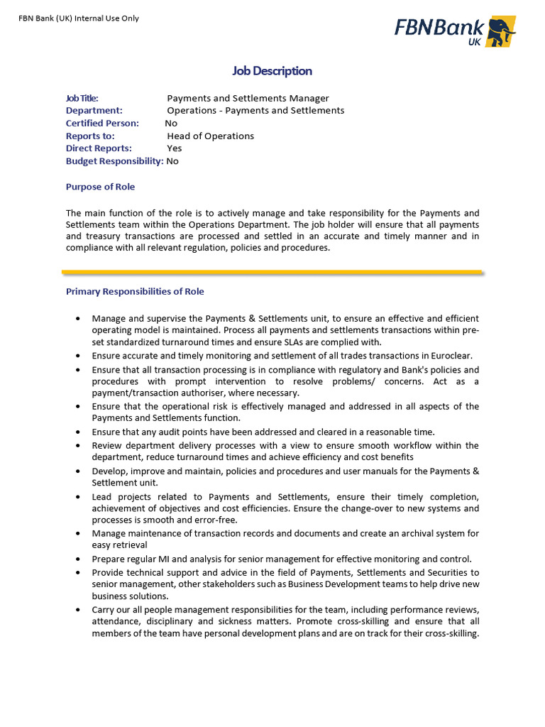 Payments and Settlements Manager JD Final | PDF | Regulatory Compliance | Audit