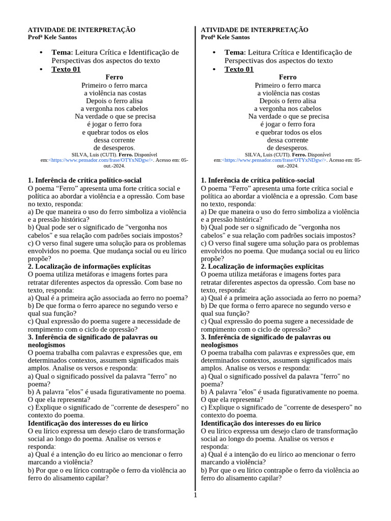 Ativ Aprof. Port 03 de Abril 2025 | PDF | Poesia | Estética