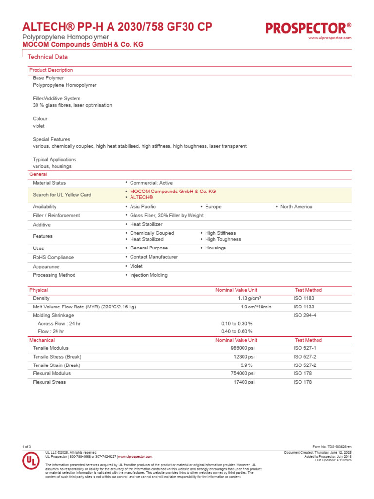 PP-H GF30: Technical Data Sheet | PDF | Fibers | Polymers