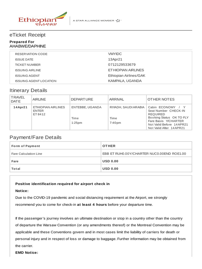 Electronic Ticket Receipt, April 14 For DAPHINE AHABWE | PDF | Airlines | Aviation