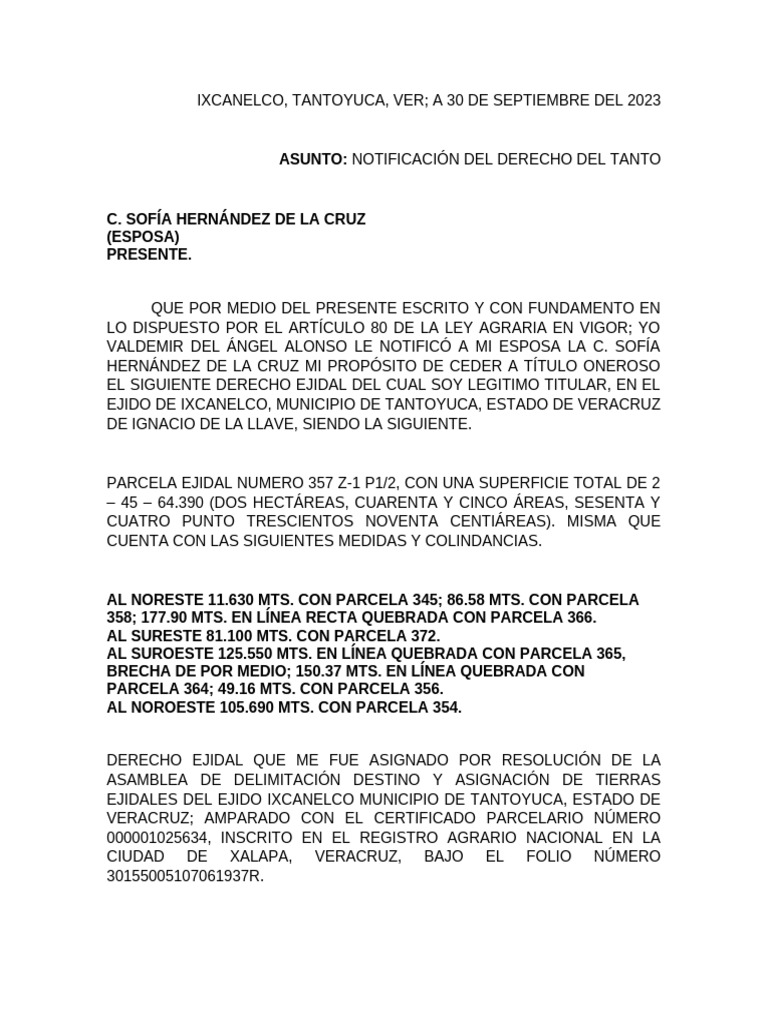 Notificación Del Derecho Del Tanto | PDF | México | America latina