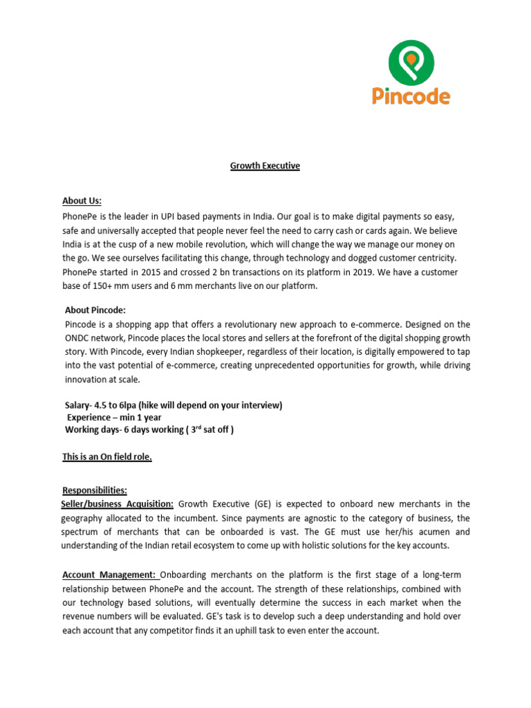 JD Growth Executive - Pincode Final (Updated) | PDF | Business
