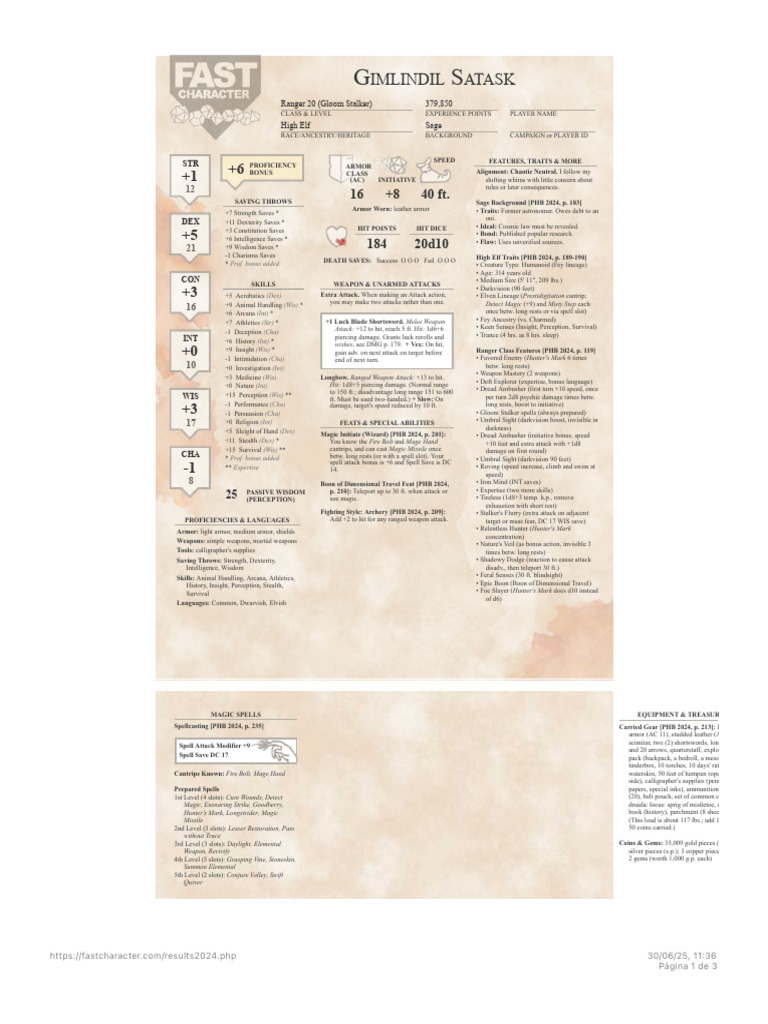 Fast Character - High Elf Ranger 20 (Gloom Stalker) - PHB 2024 | PDF ...
