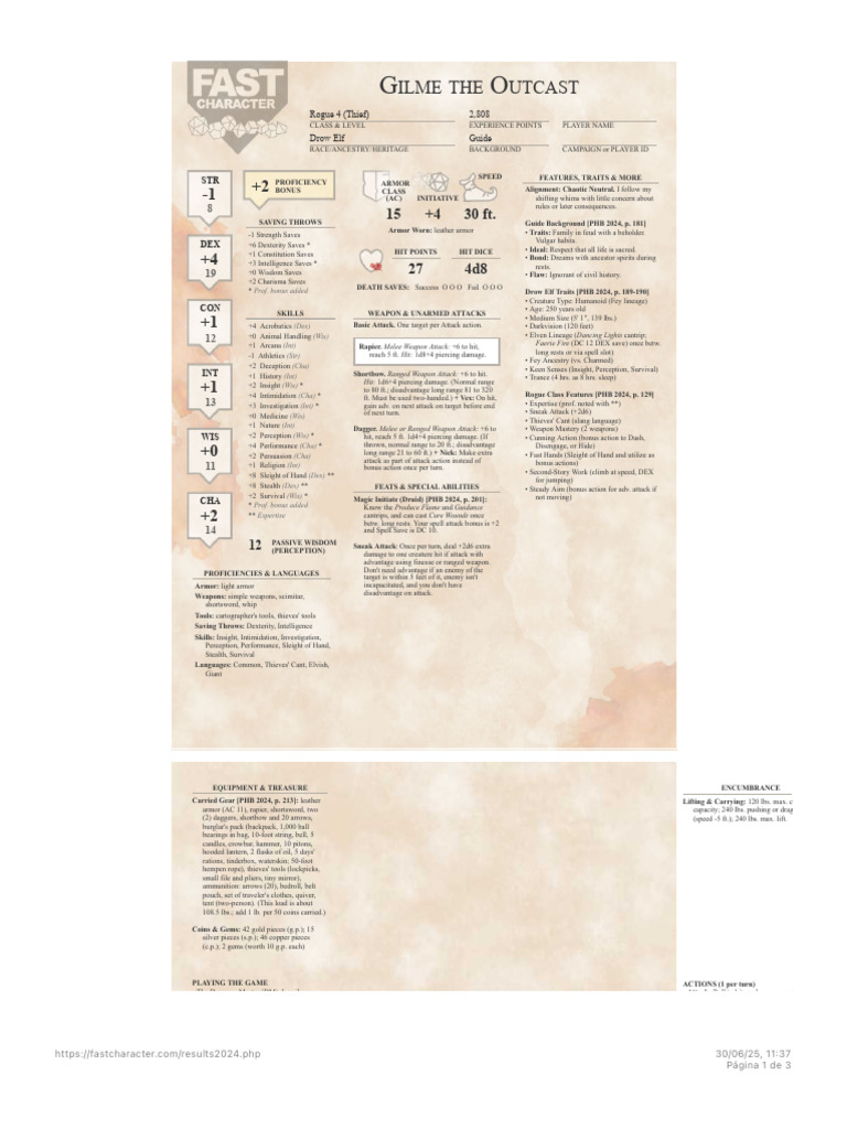 Fast Character - Drow Elf Rogue 4 (Thief) - PHB 2024 | PDF | Dungeons & Dragons | Wizards Of The ...