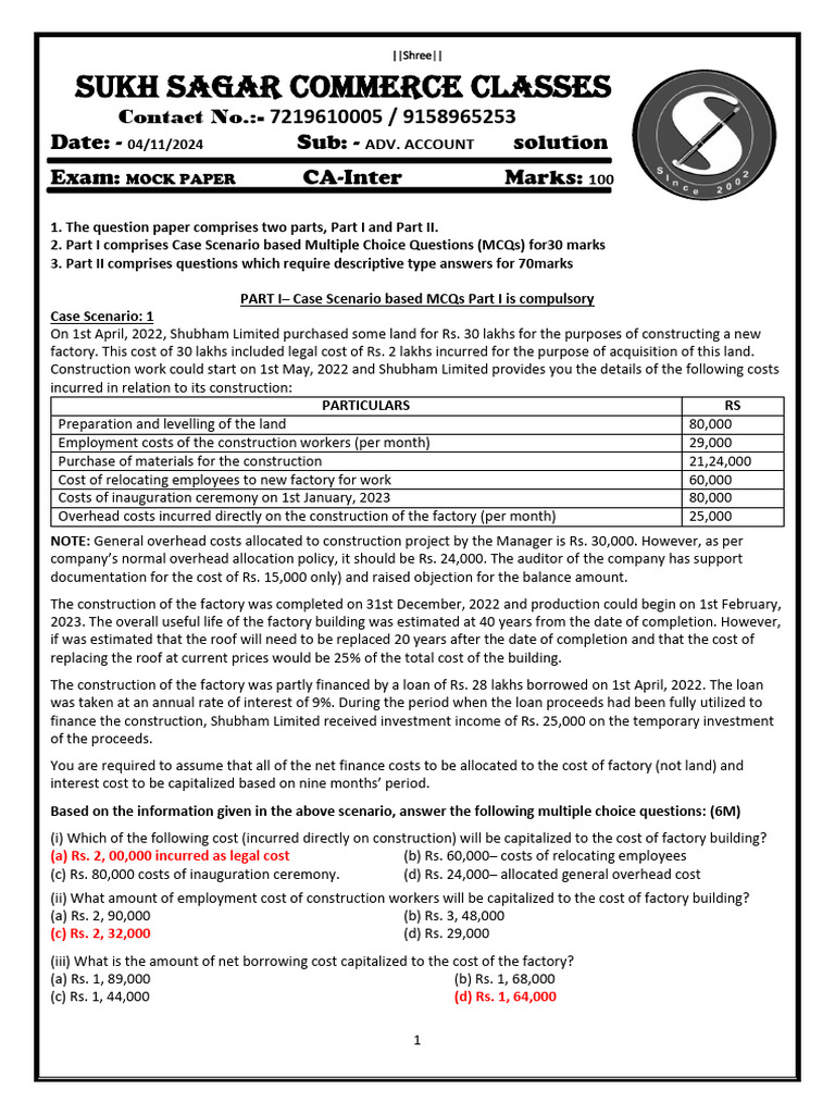 Inter Paper 1 Mock Solution 4-11-24.4b8a47b | PDF | Equity (Finance) | Income Statement