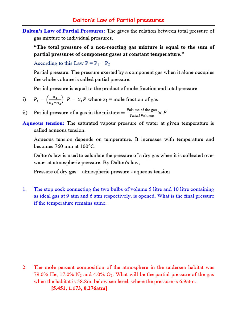 Dalton's & Grahams Laws | PDF | Gases | Pressure