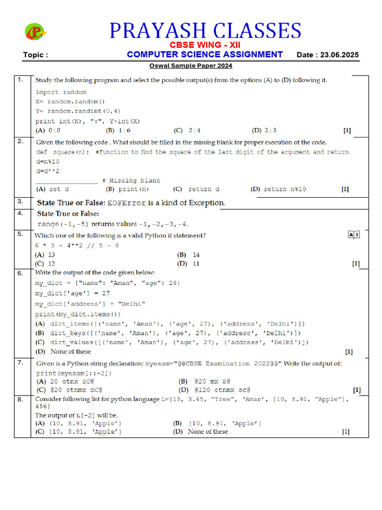 CBSE Class 12 Computer Science Assignment | PDF