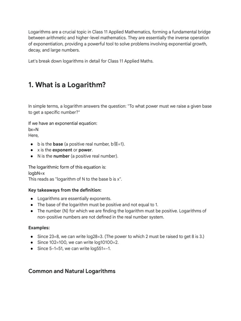 Explain Logarithm Class 11 Applied Maths in Great... | PDF | Logarithm | Exponential Function