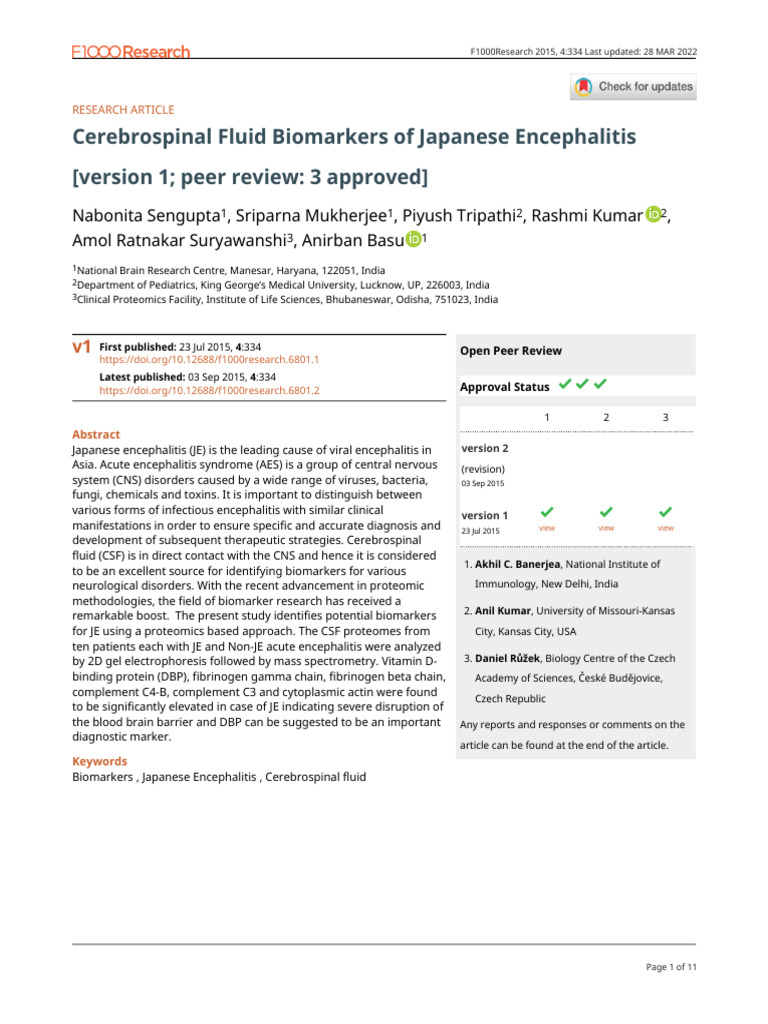 Cerebrospinal Fluid Biomarkers of Japanese Encephalitis | PDF | Cerebrospinal Fluid | Proteins
