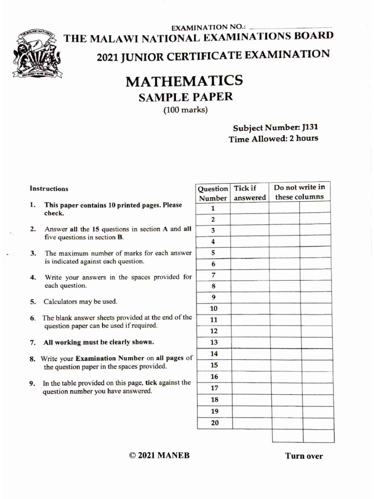 2021 MANEB JC Mat Sample Paper | PDF