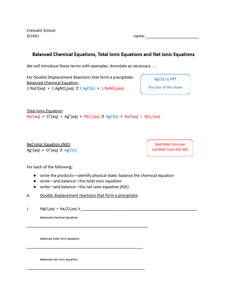Net Ionic Equations Worksheet | PDF | Salt (Chemistry) | Atoms