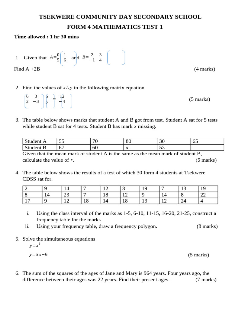 Form 4 Mathematics Test - Tsekwere CDSS | PDF