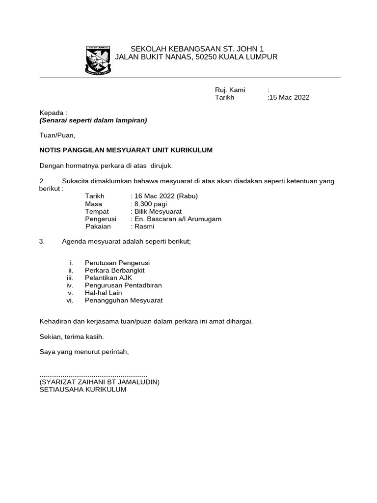 Notis Panggilan Mesyuarat | PDF