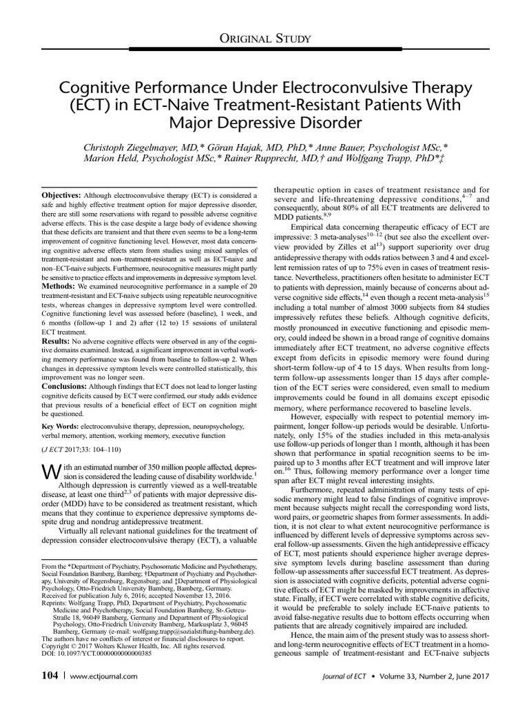Cognitive Performance Under Electroconvulsive Therapy (ECT) in ECT ...