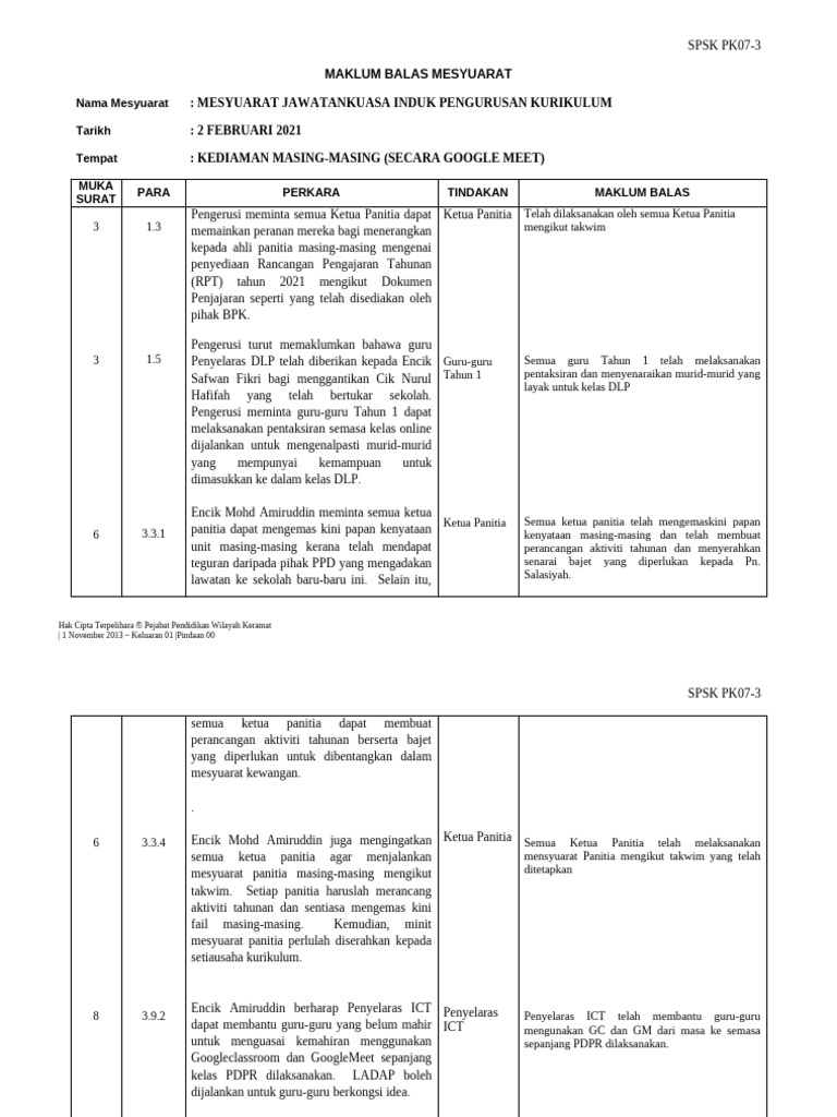 PK07 - 3 Maklum Balas Mesyuarat Kuri 2021 | PDF