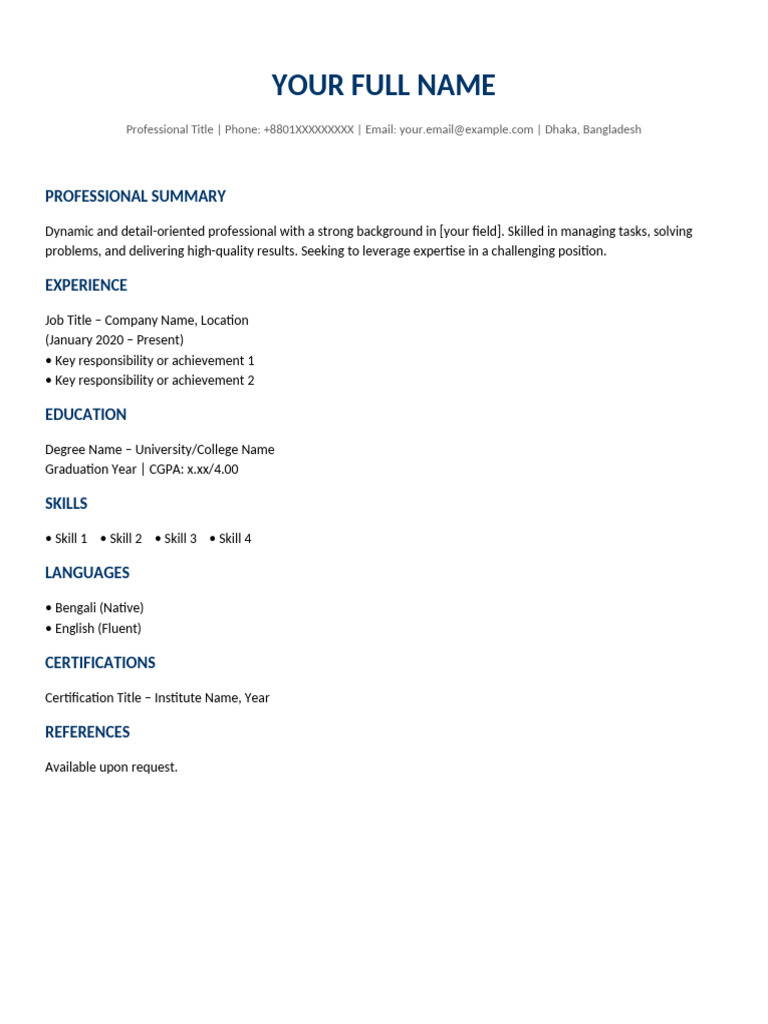 Professional CV Format for Bangladesh | PDF