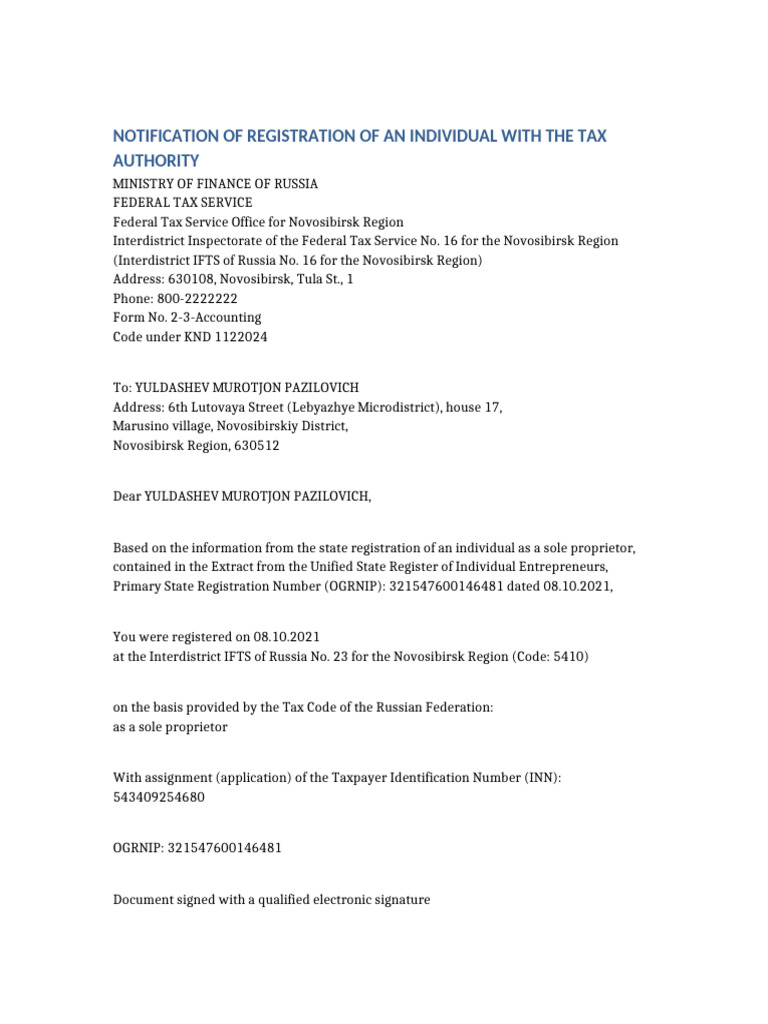 Notification of Registration Yuldashev | PDF