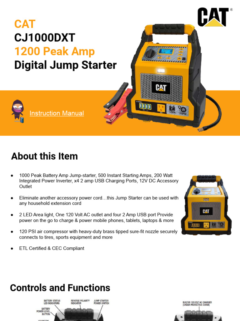 CAT CJ1000DXT 1200 Peak Amp Digital Jump Starter Instructin Manual 1 ...