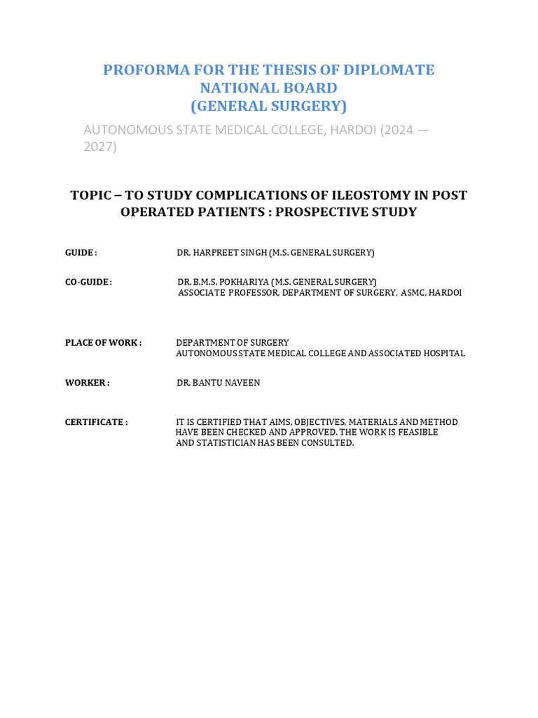 Proforma For The Thesis of Diplomate National Board | PDF | Surgery | Medicine